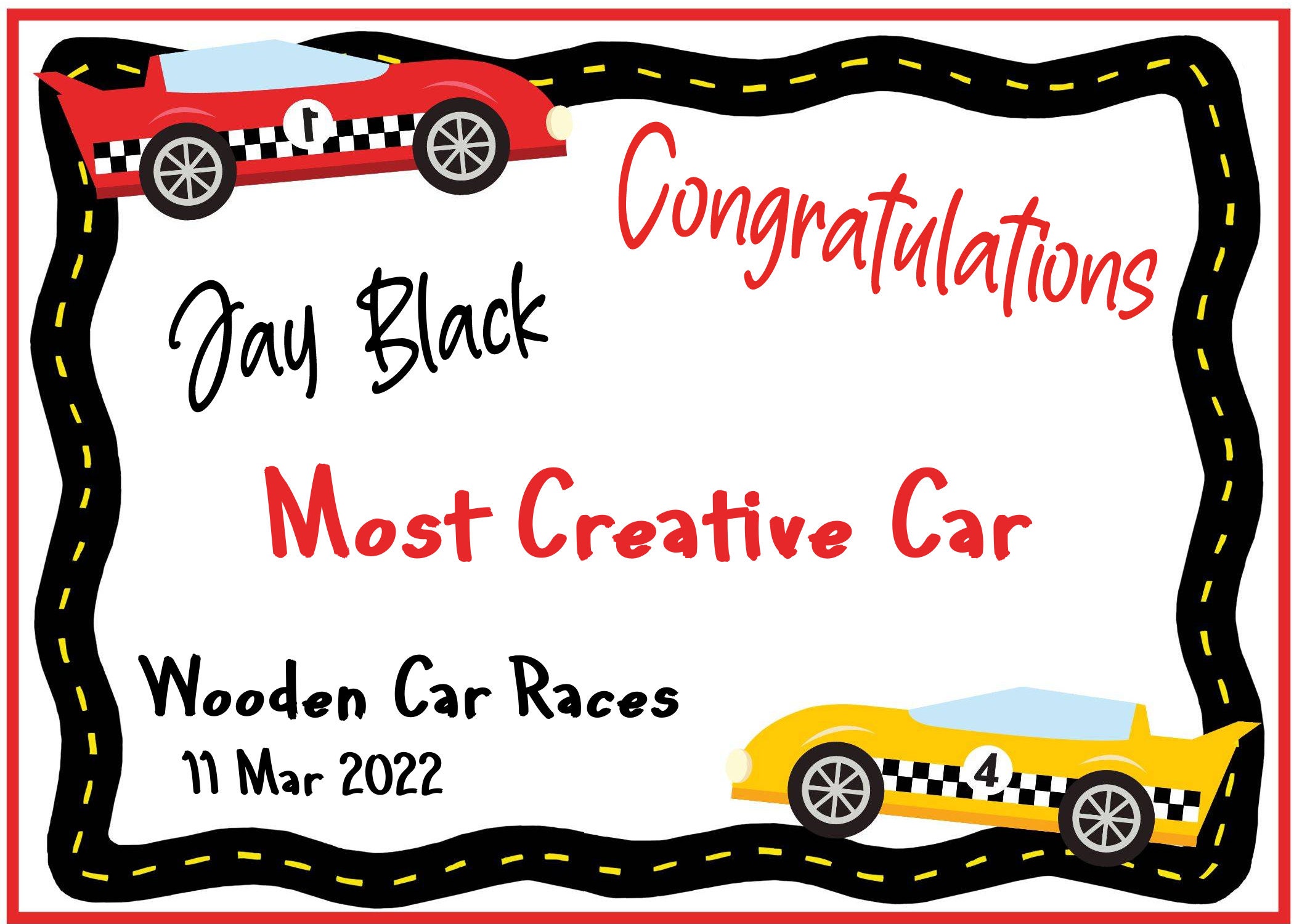 WOODEN CAR RACE Award Certificates-5 Different Designs-use All or One ...