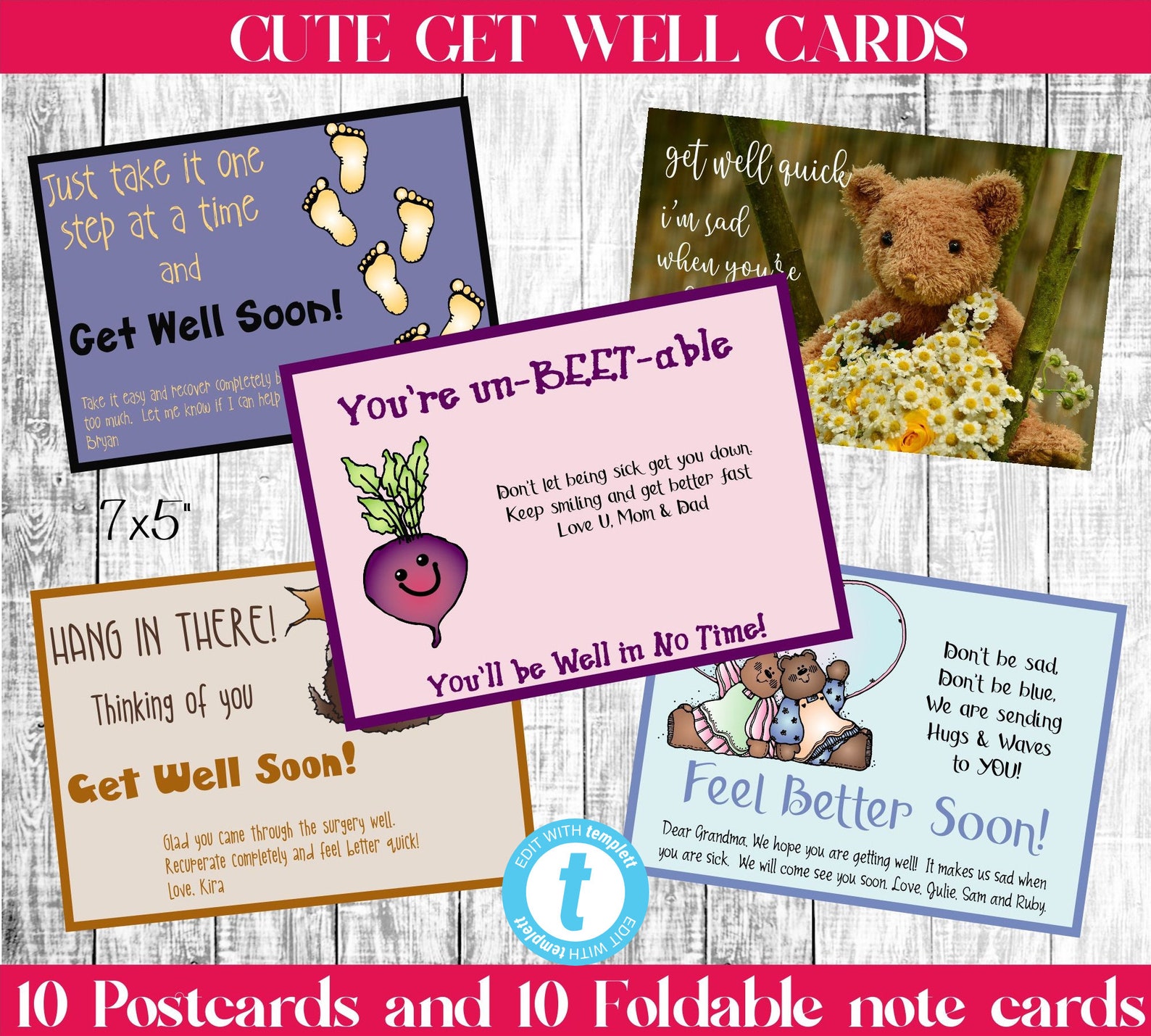 20 Cute GET WELL CARD Templates-foldable Notecard-postcard-editable ...