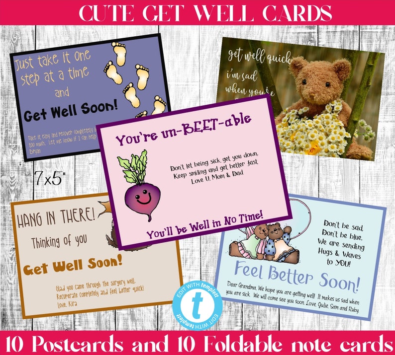 20 Cute GET WELL CARD Templates-foldable Notecard-postcard-editable ...
