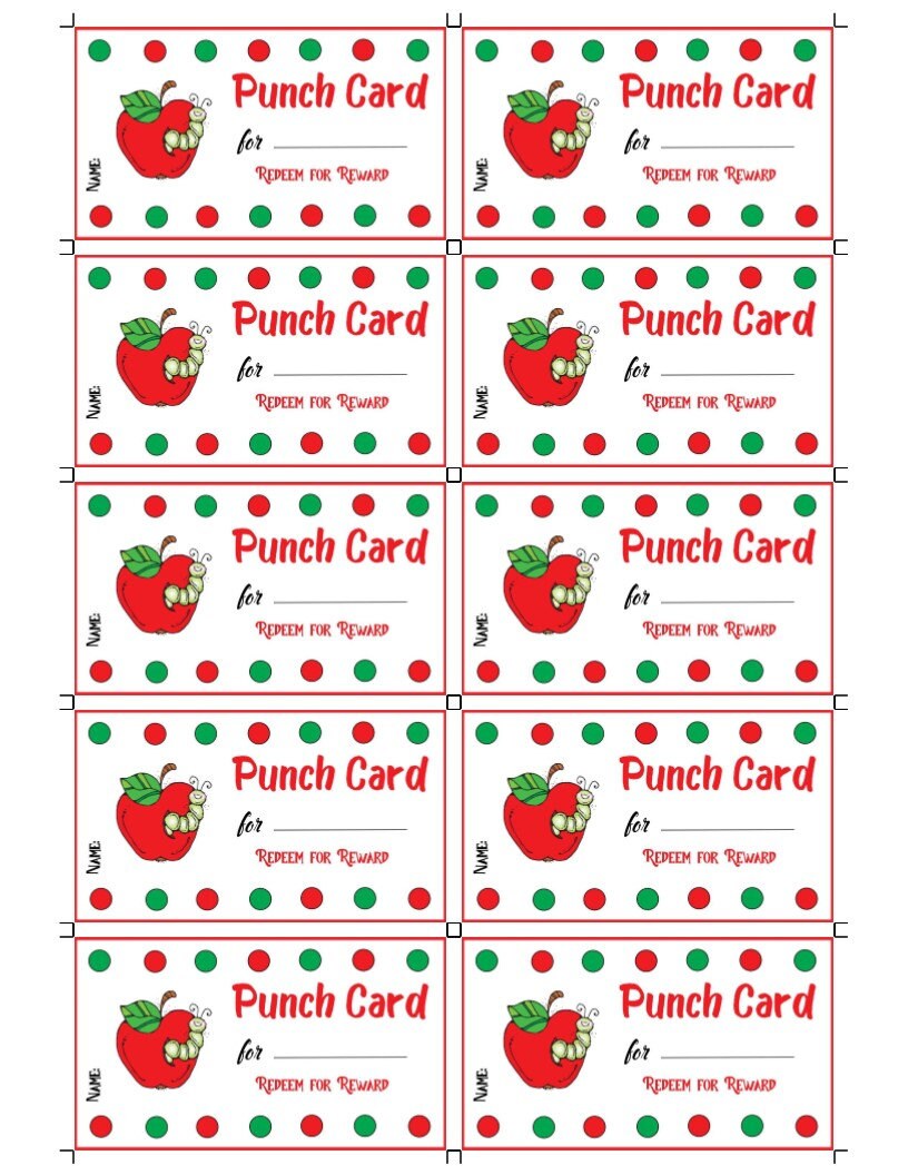 PUNCH Card Templates With Cute Apple and Worm-color- Black & White ...