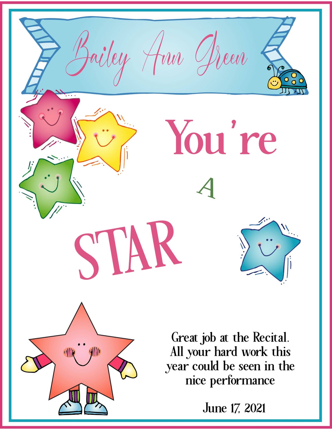 YOURE A STAR Award Certificate-classroom or Music Studio-happy Stars ...