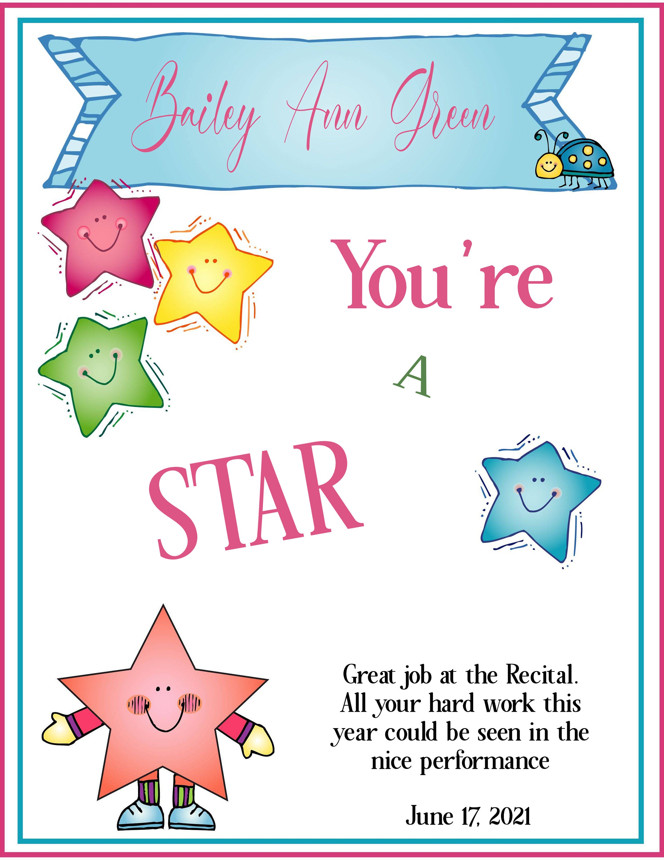 YOURE A STAR Award Certificate-classroom or Music Studio-happy Stars ...