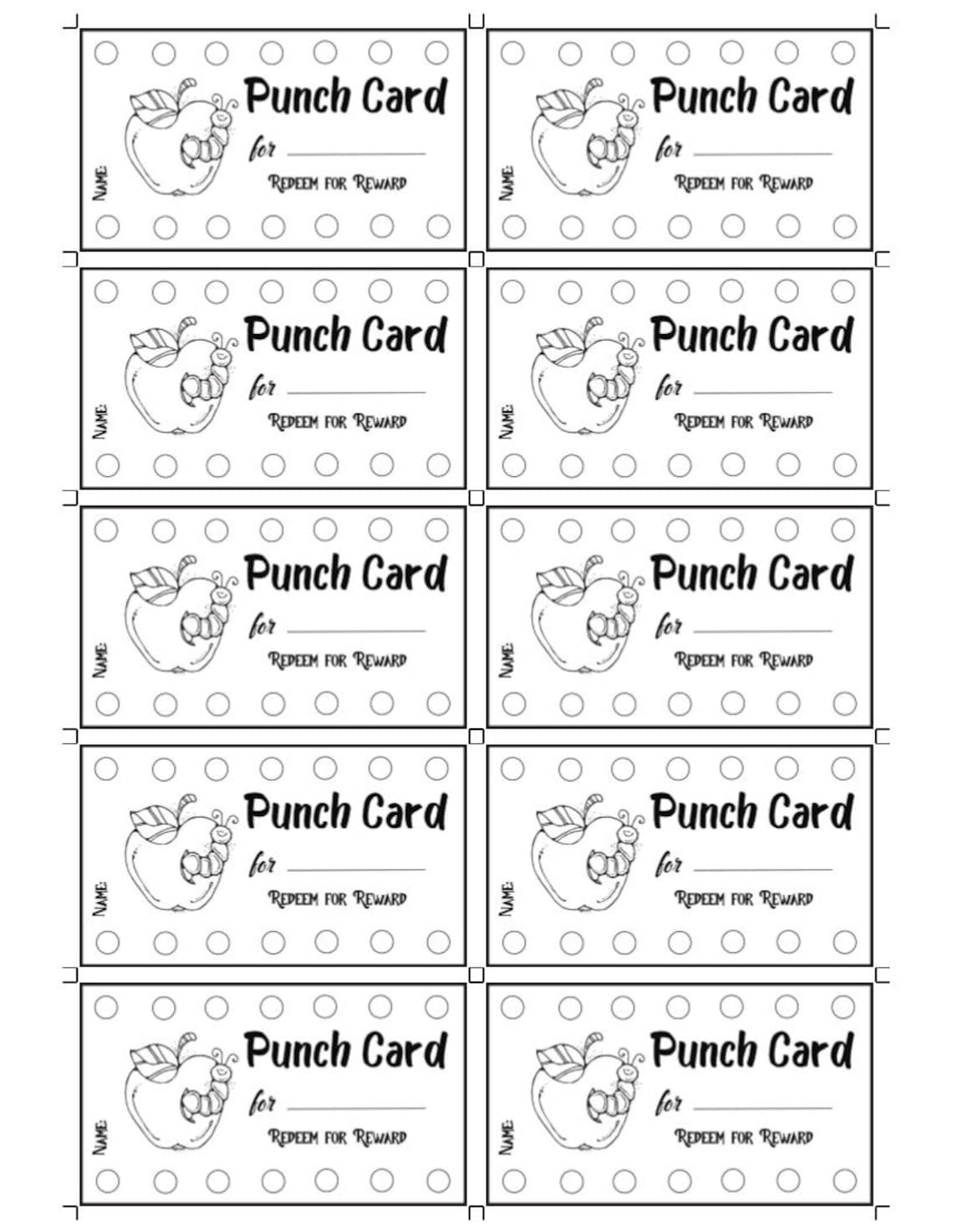 PUNCH Card Templates With Cute Apple and Worm-color- Black & White ...