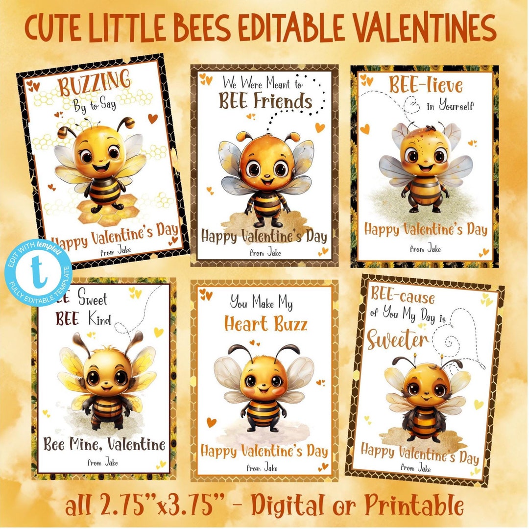 Bees Valentine Cards, Editable Kids Valentine (digital or Printable) - Etsy