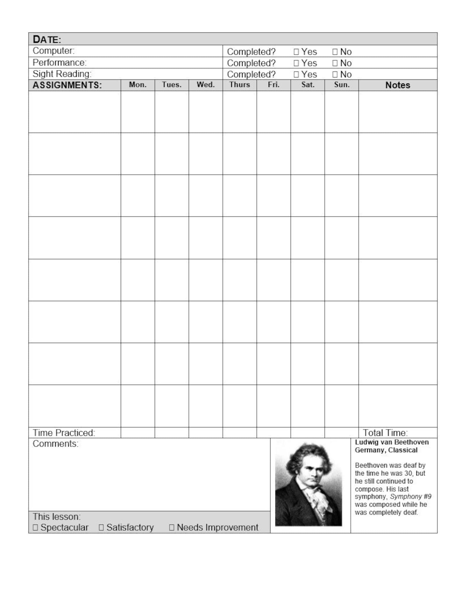 WEEKLY MUSIC PRACTICE Charts-each Page Good for a Week of Practice-easy ...