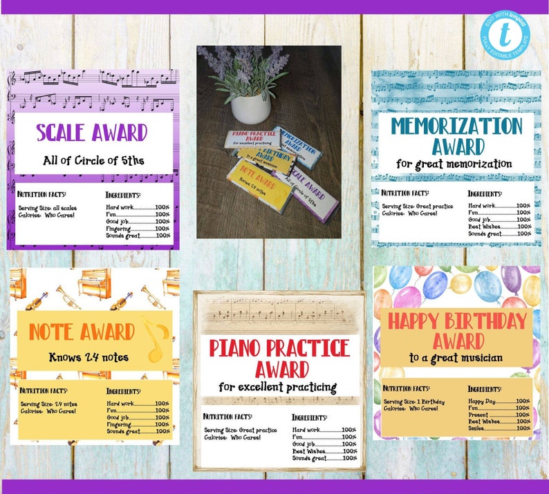 MUSIC AWARD CHOCOLATE Bar Wrapper Templates-5 Different Awards to Wrap ...