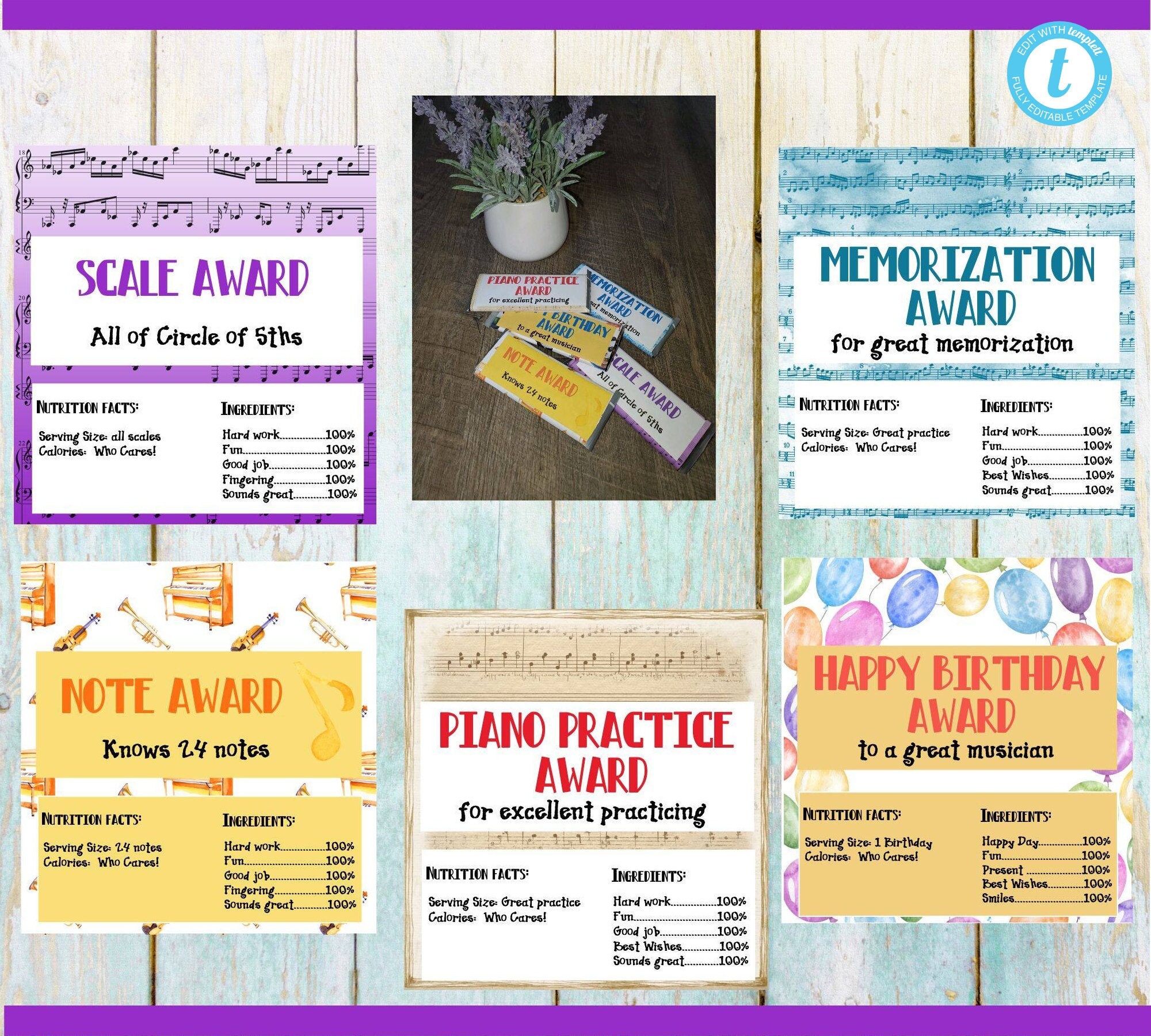 MUSIC AWARD CHOCOLATE Bar Wrapper Templates-5 Different Awards to Wrap ...