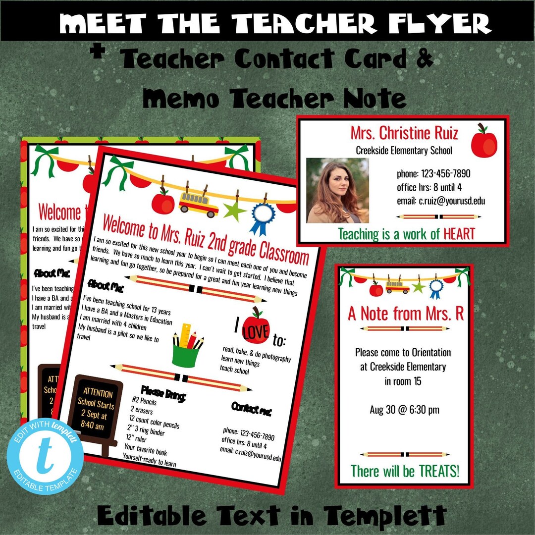 MEET THE TEACHER Flyer-teacher Contact Card-teacher Memo Note Card ...