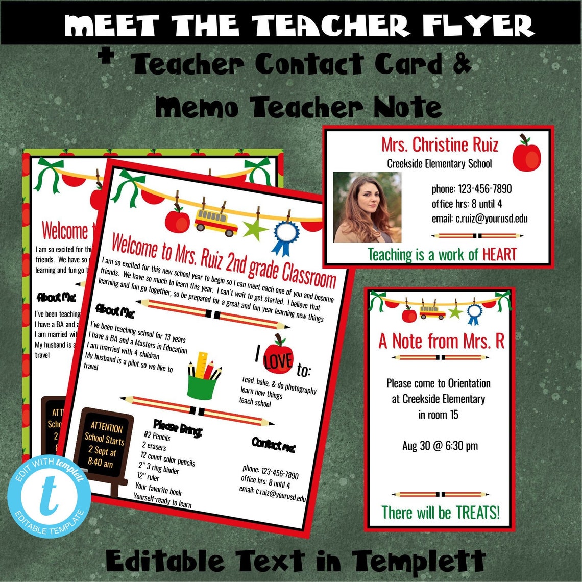MEET THE TEACHER Flyer-teacher Contact Card-teacher Memo Note Card ...