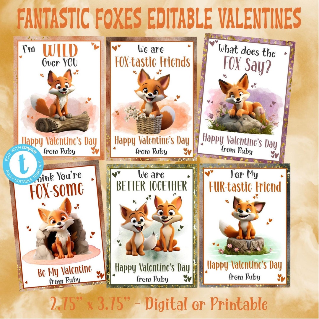 Fox Valentines Cards: Adorable & Editable, School Valentine (digital or ...