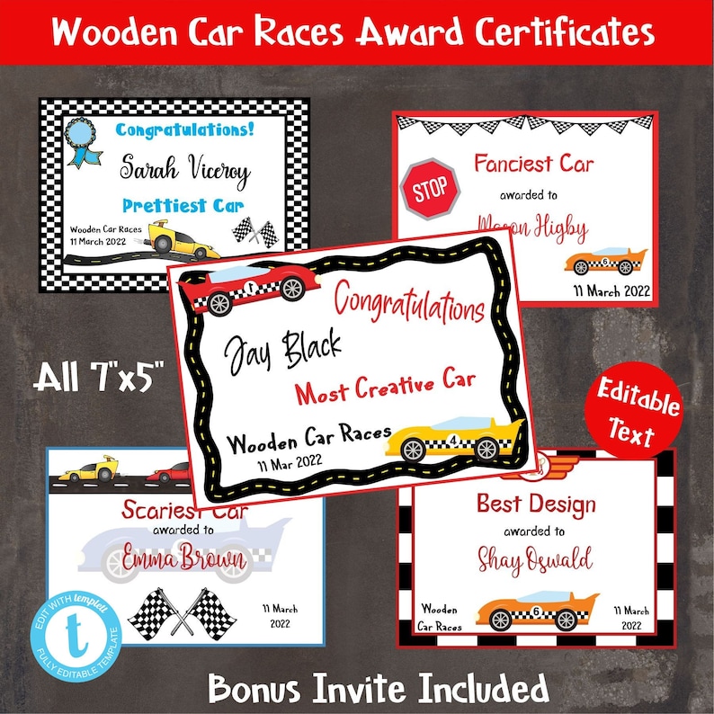 WOODEN CAR RACE Award Certificates-5 Different Designs-use All or One ...