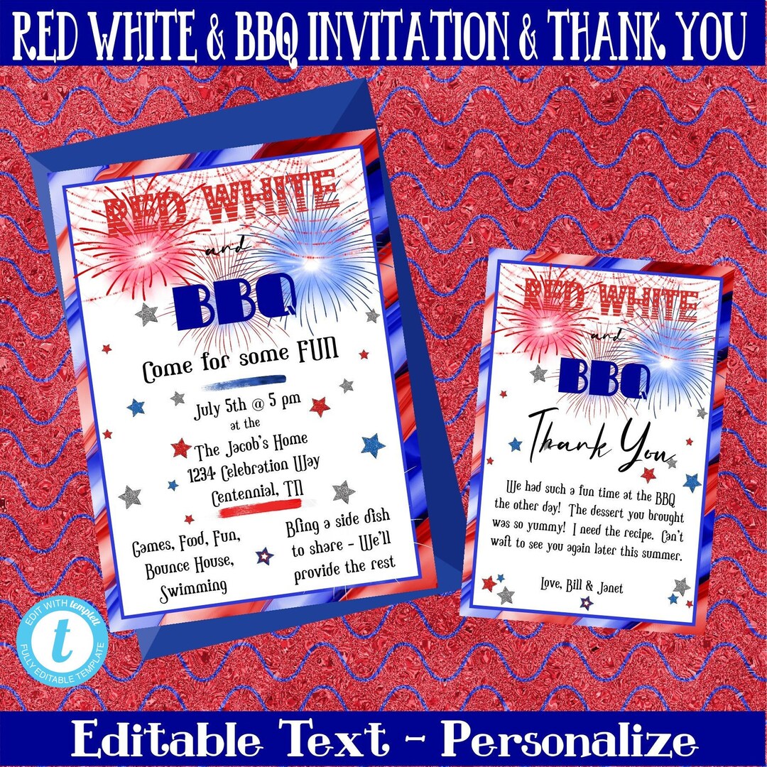 PATRIOTIC PARTY Invitation-thank You-red White BBQ Theme-editable Text ...