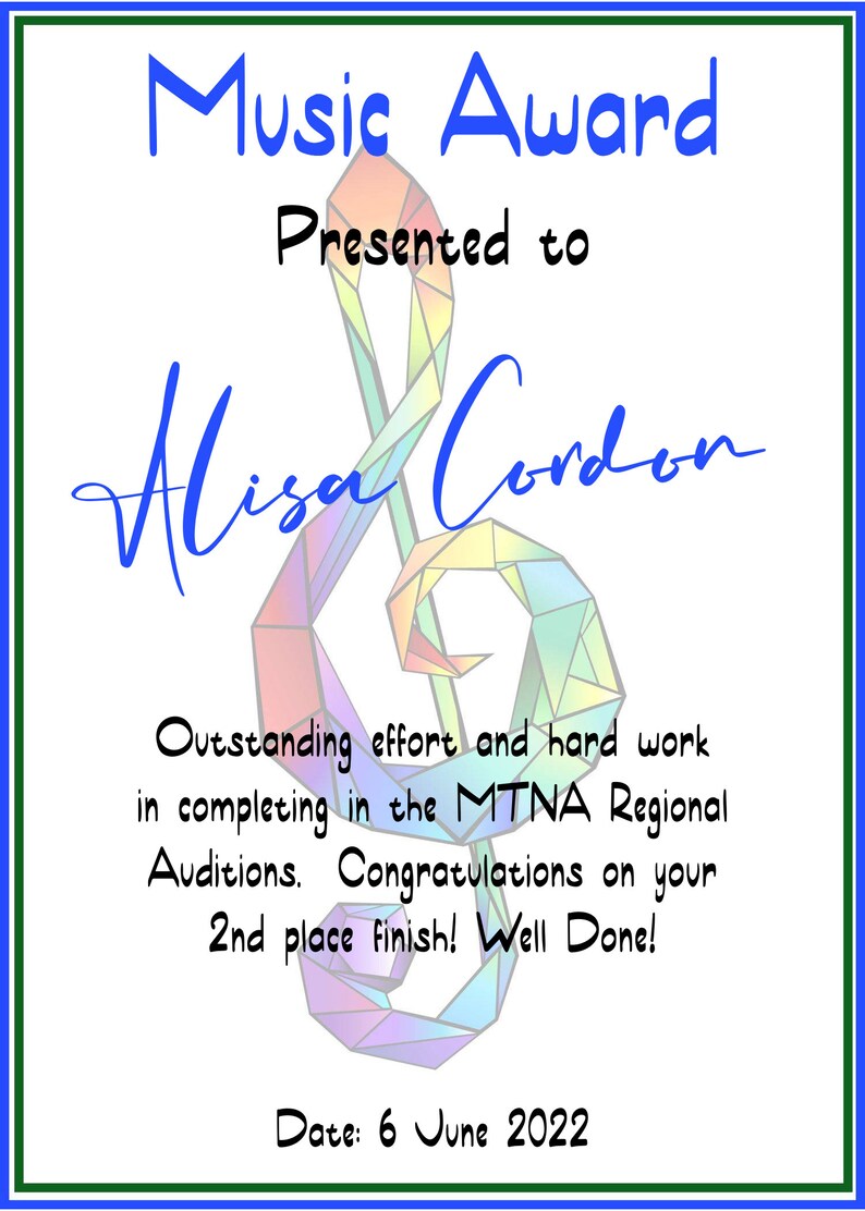 RAINBOW TREBLE CLEF Music Award Certificates in 2 Sizes-editable Text ...