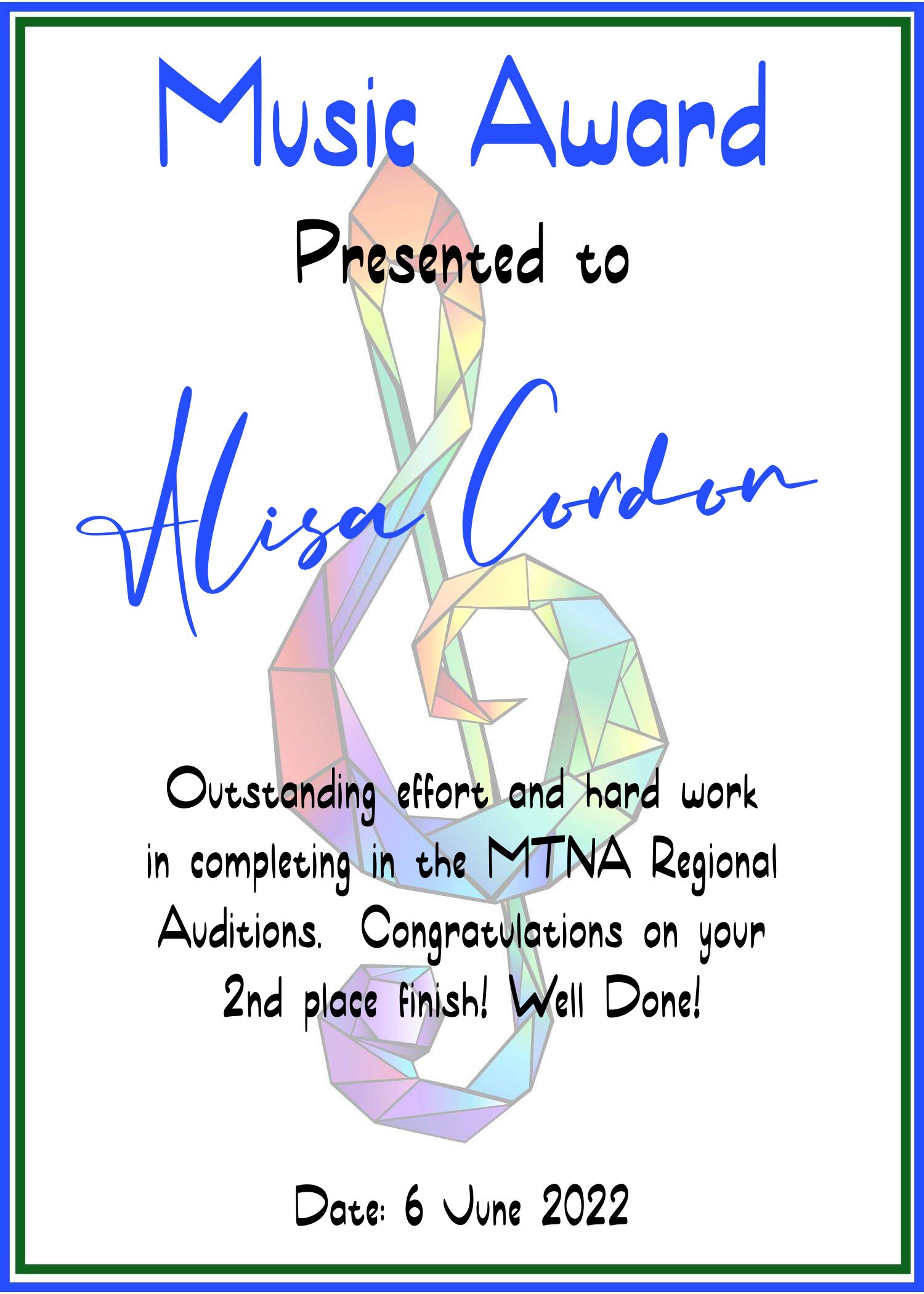 RAINBOW TREBLE CLEF Music Award Certificates in 2 Sizes-editable Text ...