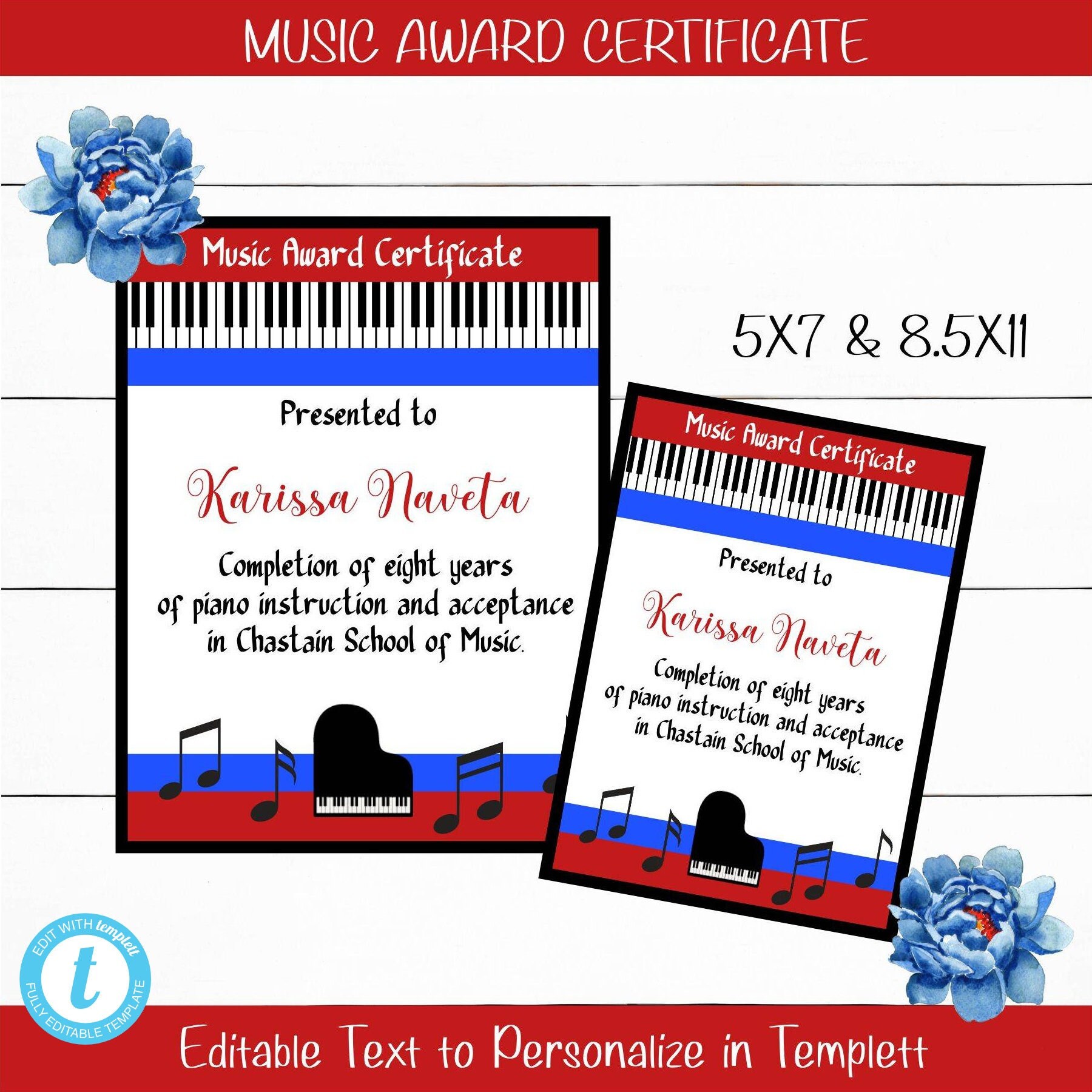 RED WHITE BLUE Music Award Certificates in 2 Sizes-editable Text ...