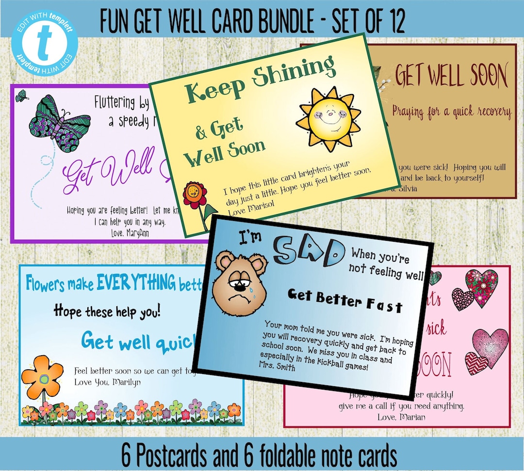 FUN GET WELL Card Bundle-12 Templates With Editable - Etsy