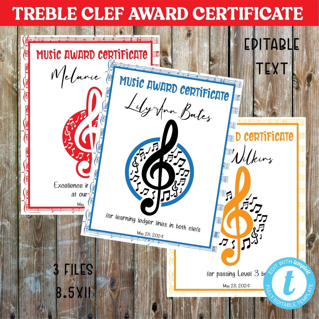 Editable Treble Clef Music Award Certificates: Red, Yellow, Blue ...
