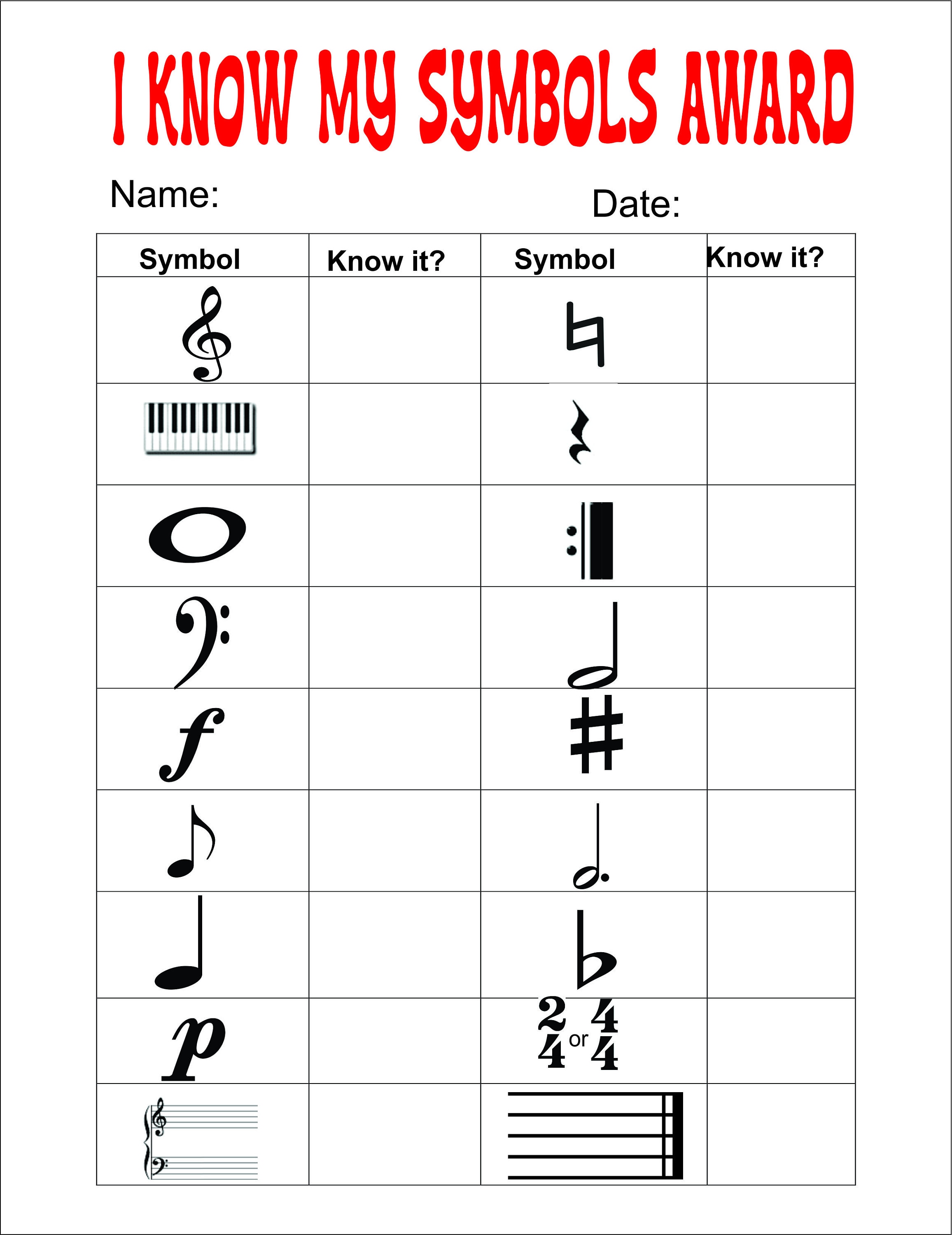 Music Symbols Award: Beginner Recognition (instant Download) - Etsy