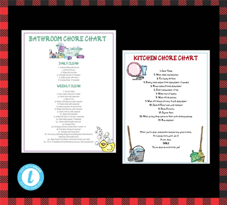 CHORE CHARTS for Families-kitchen-bathroom-list for Kids to ...