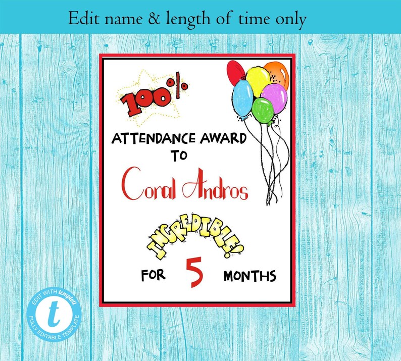 ATTENDANCE AWARD CERTIFICATE Template-personalize With the - Etsy