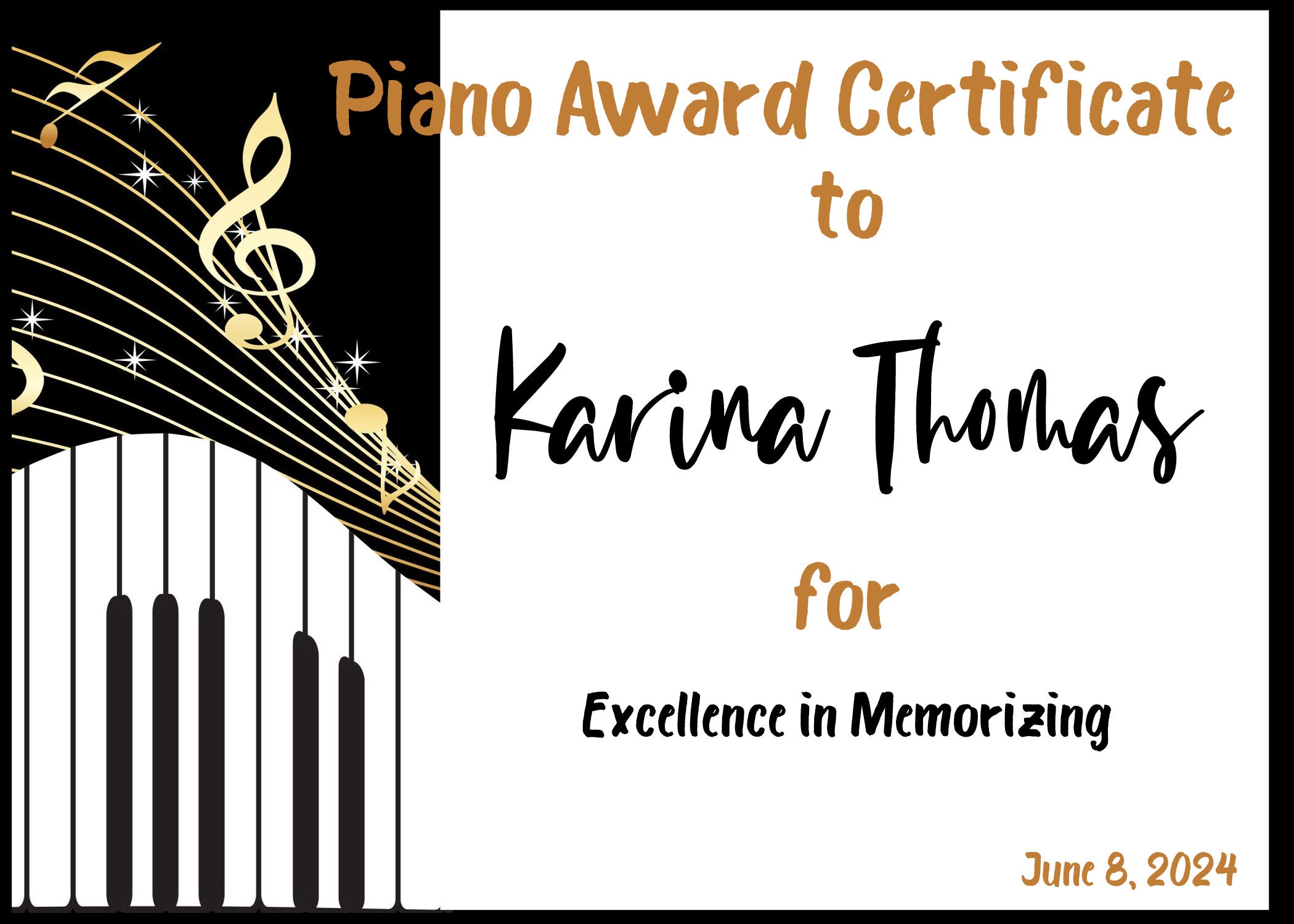 Recital Program-thank You Card-award Certificate With Flowing Staff ...
