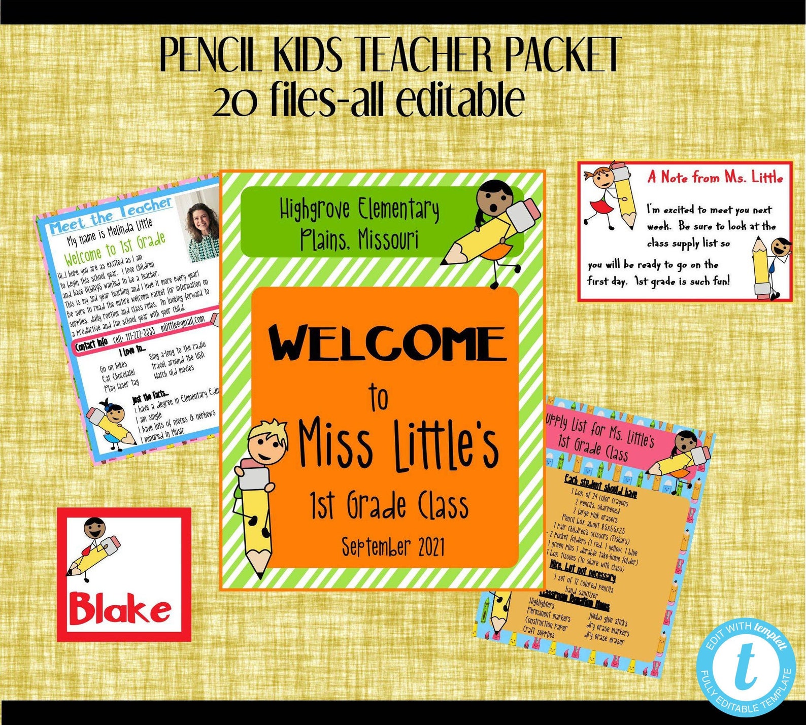 PENCIL KIDS Teacher Packet With 20 Templates-perfect for First Day of ...