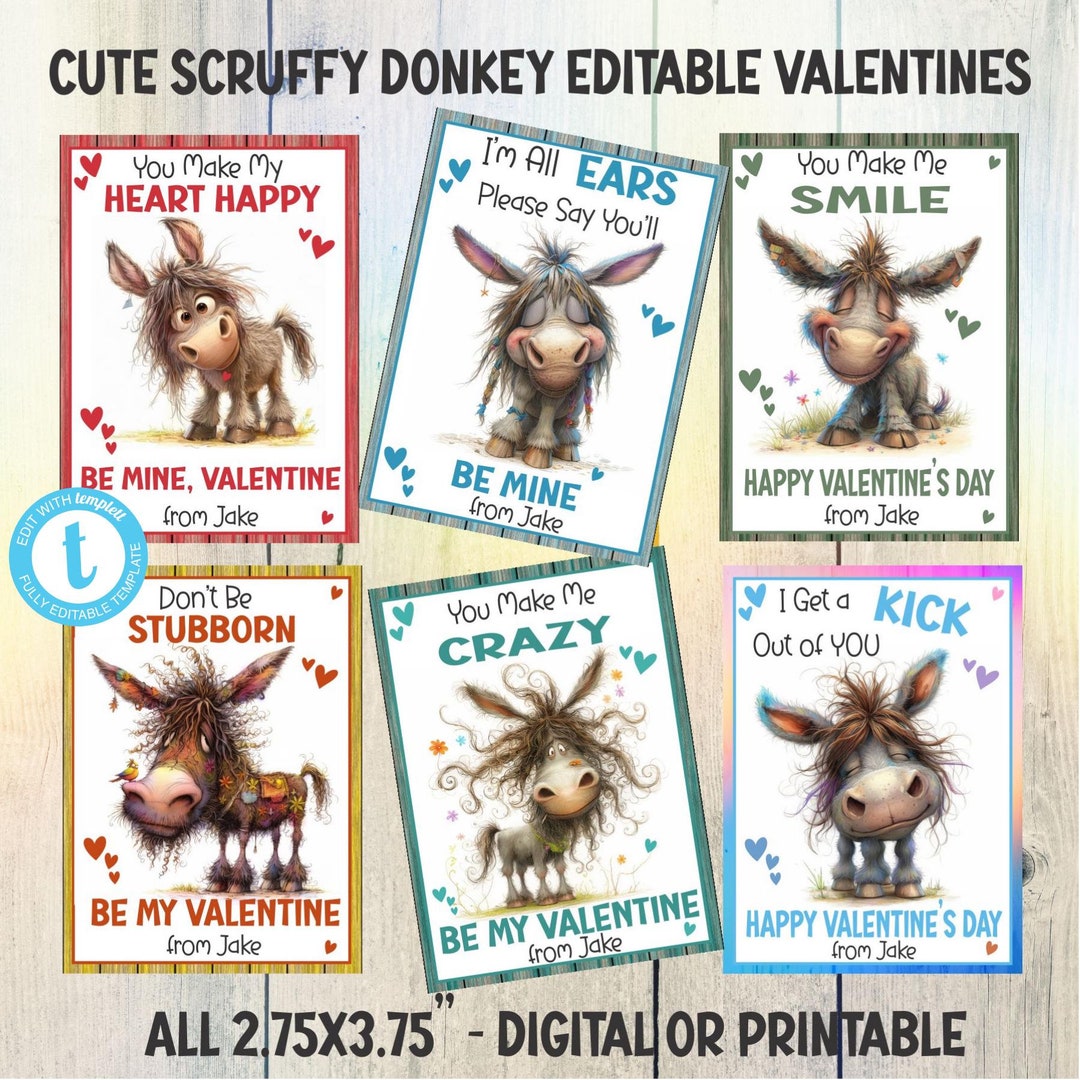 CUTE SCRUFFY DONKEY Valentine Templates With 6 Adorable Donkeys-bright ...