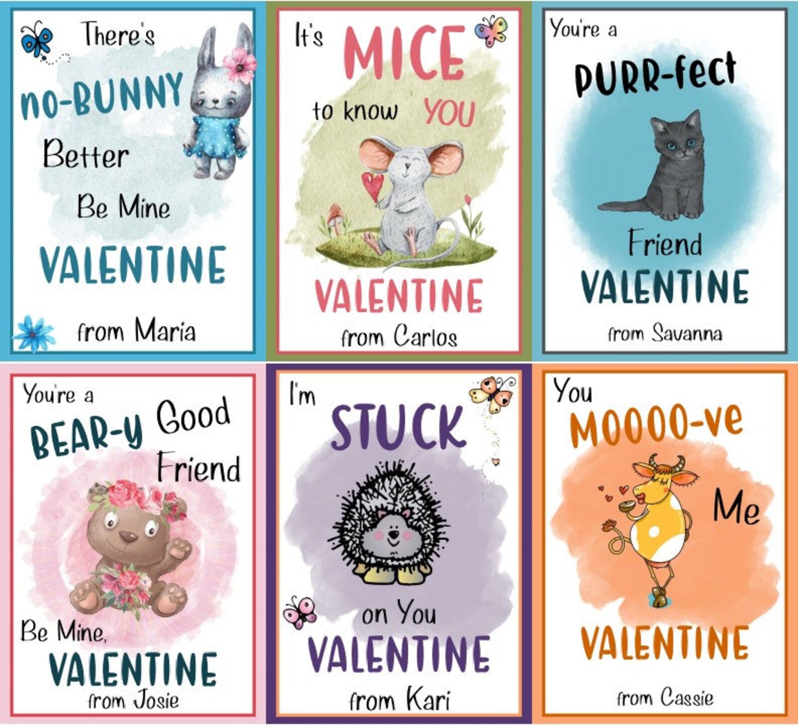 6 CUTE ANIMAL Valentine Card Templates-valentines Day Card for Kids ...