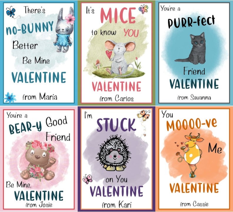 6 CUTE ANIMAL Valentine Card Templates-valentines Day Card for Kids ...