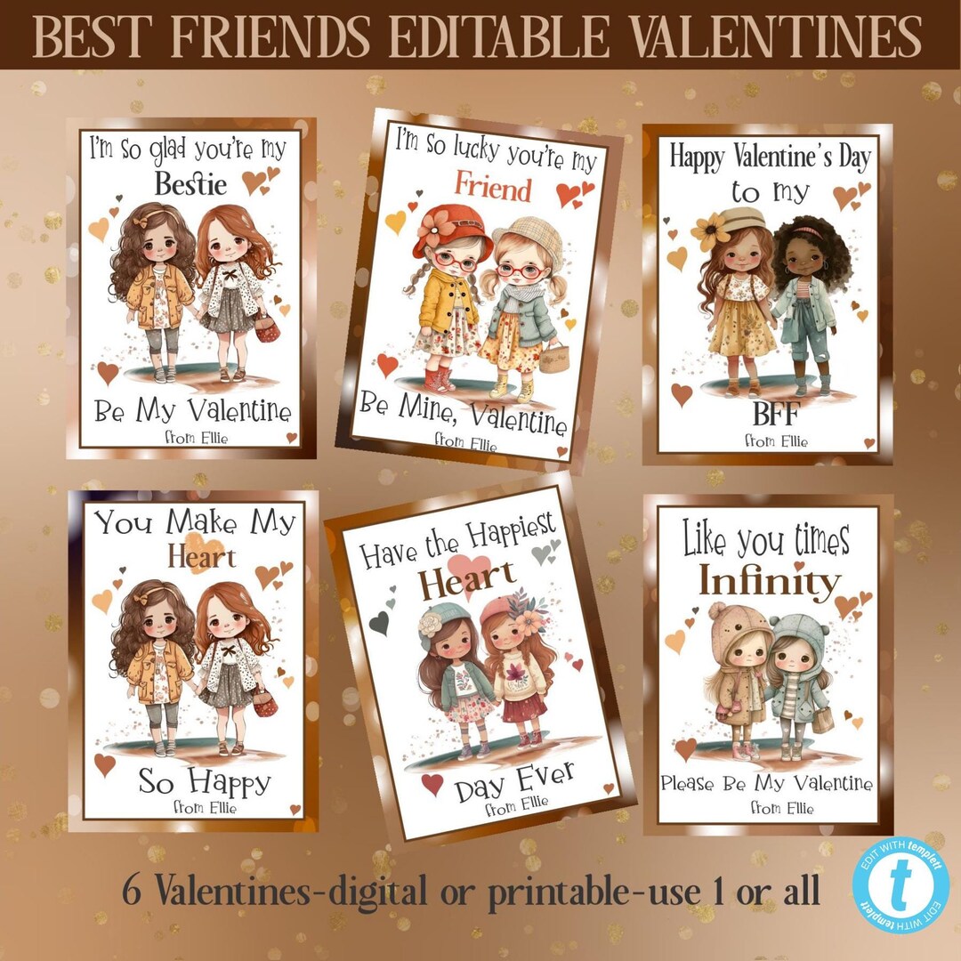 Friends Valentine Cards, Girls, Editable Text (digital Download) - Etsy