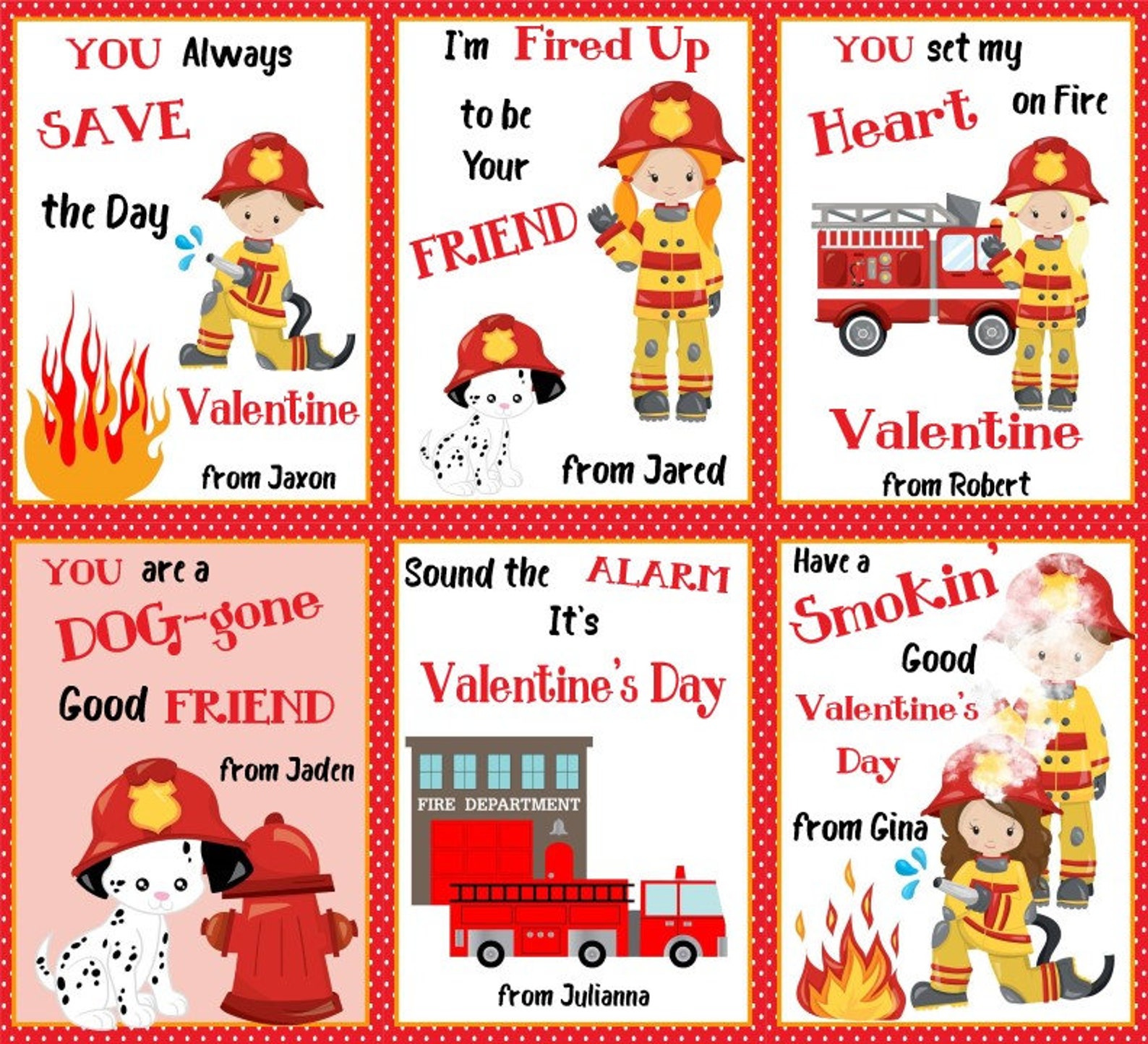 6 FIREFIGHTER VALENTINE Card Templates-fireman Valentine - Etsy