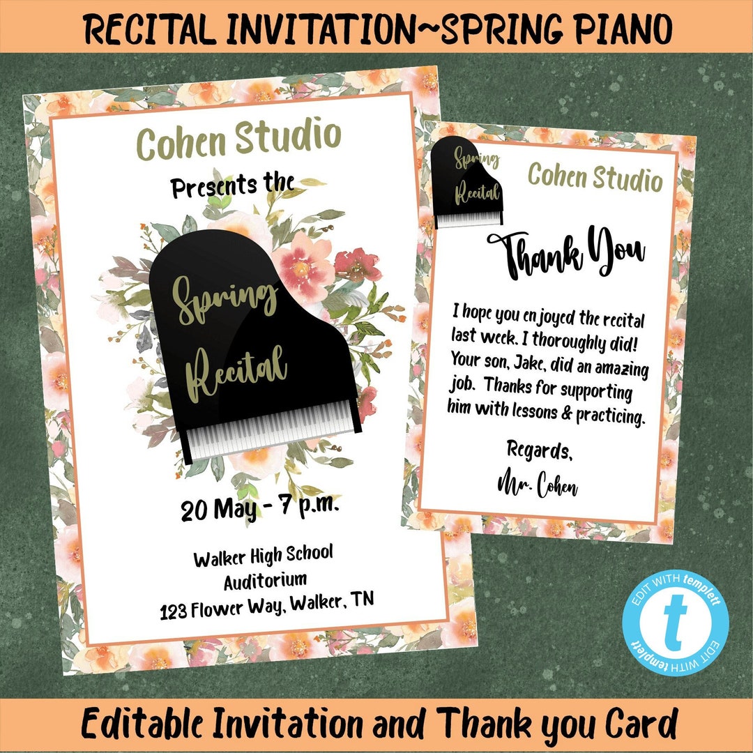RECITAL Invitation-spring Piano-invite and Thank You Card-pretty and ...