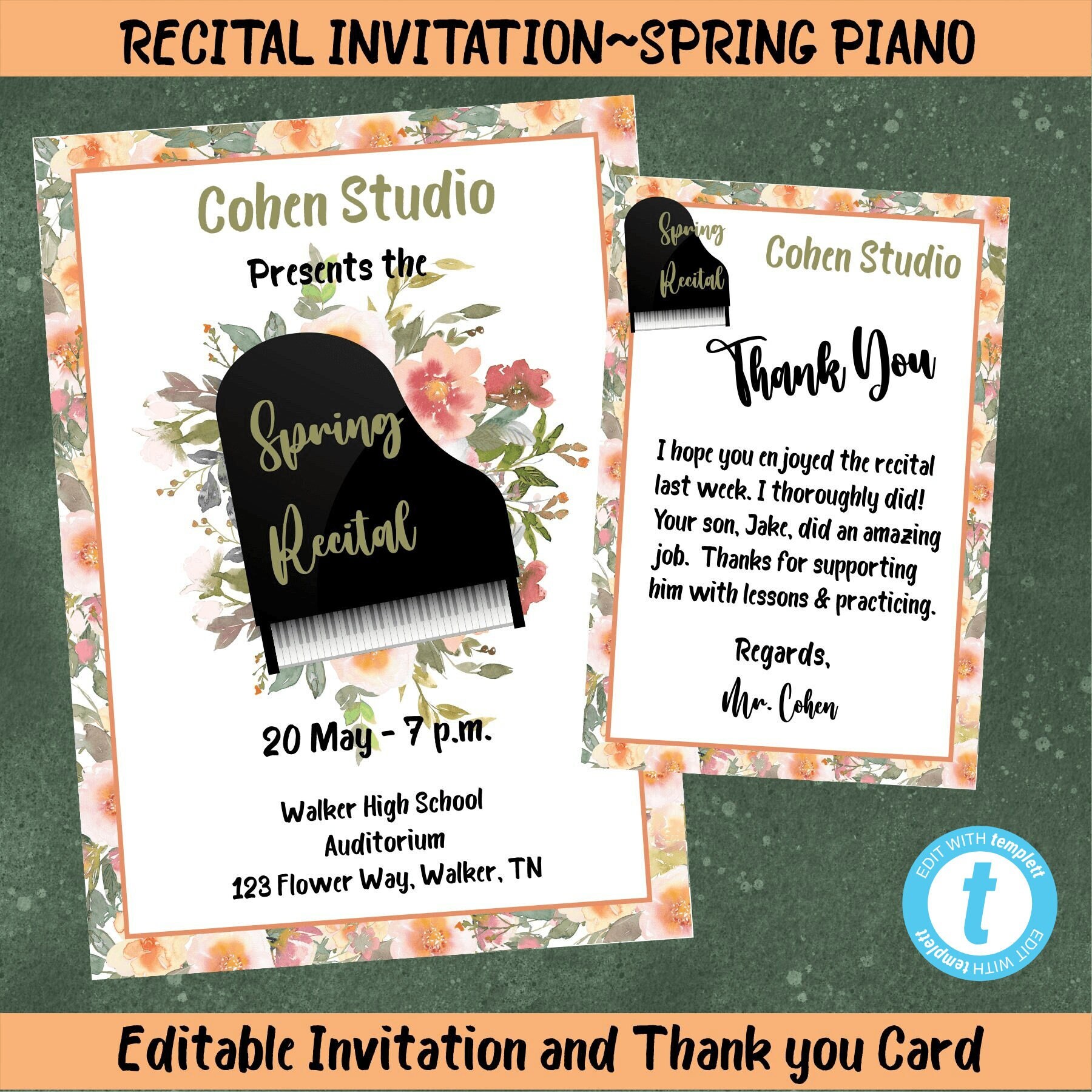 RECITAL Invitation-spring Piano-invite and Thank You Card-pretty and ...