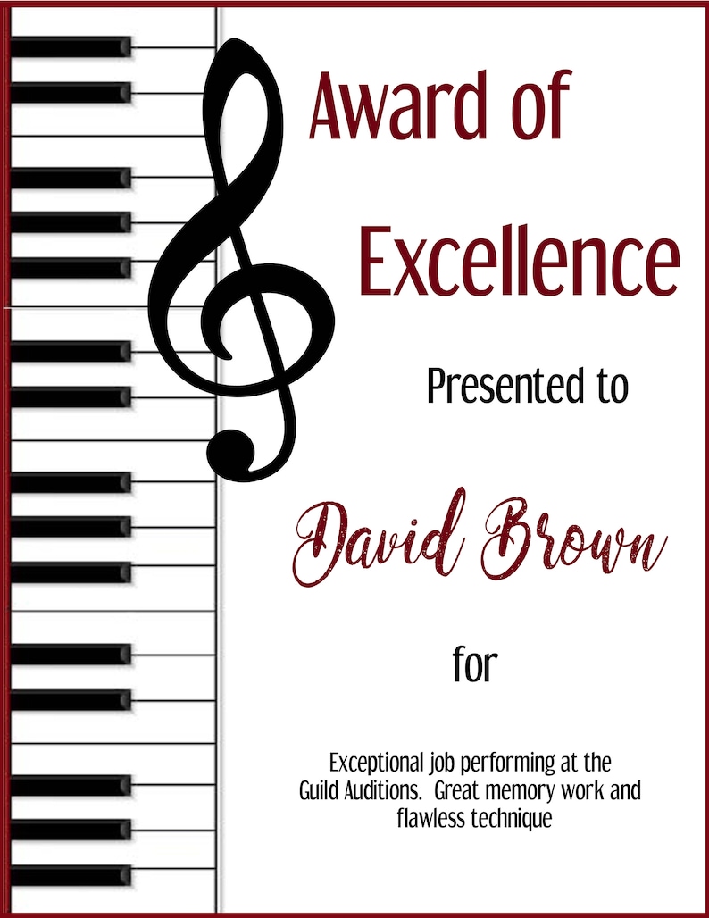 Music-piano Award Certificate Template-personalize for Each Student ...