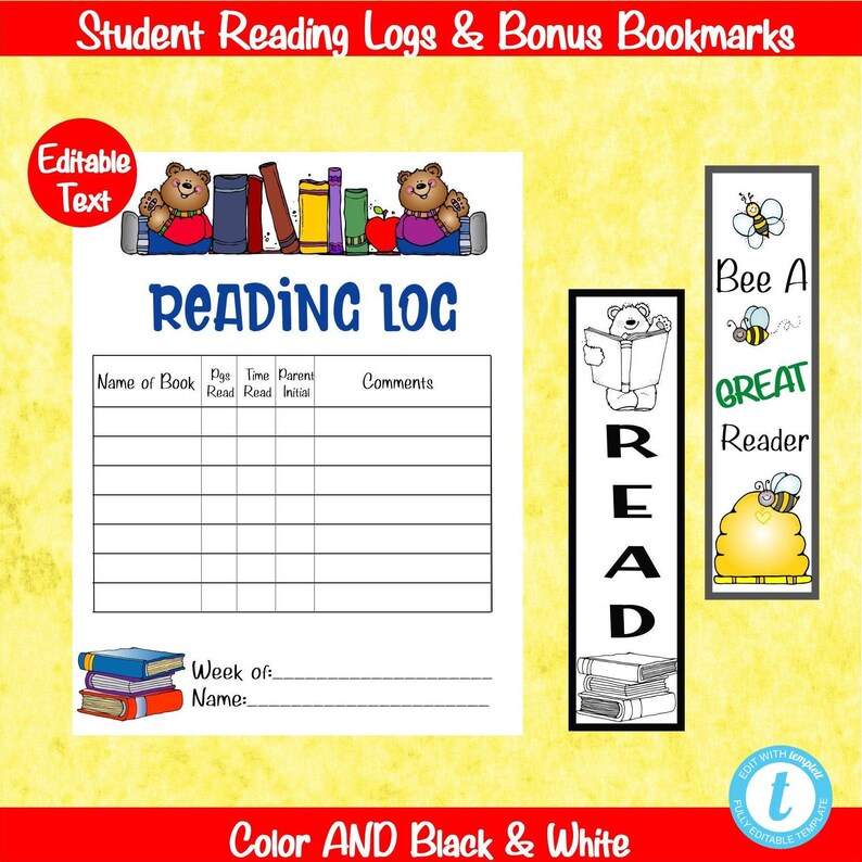STUDENT READING LOG With 2 Bonus Bookmarks-cute Bears or Bees-all in ...