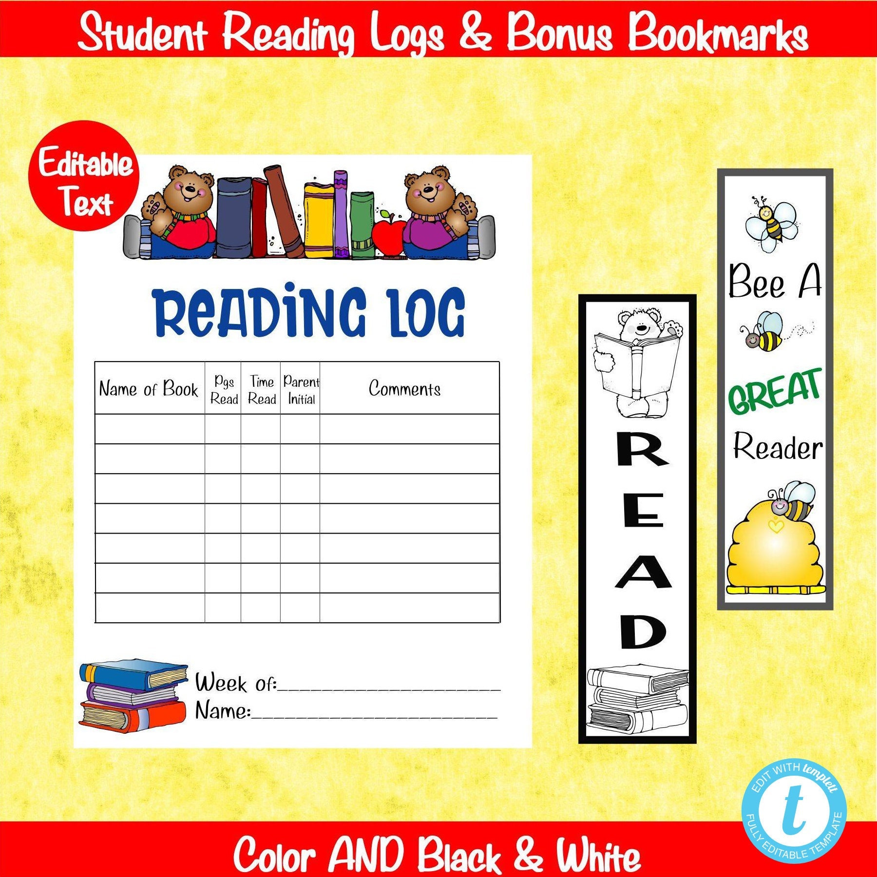 STUDENT READING LOG With 2 Bonus Bookmarks-cute Bears or Bees-all in ...