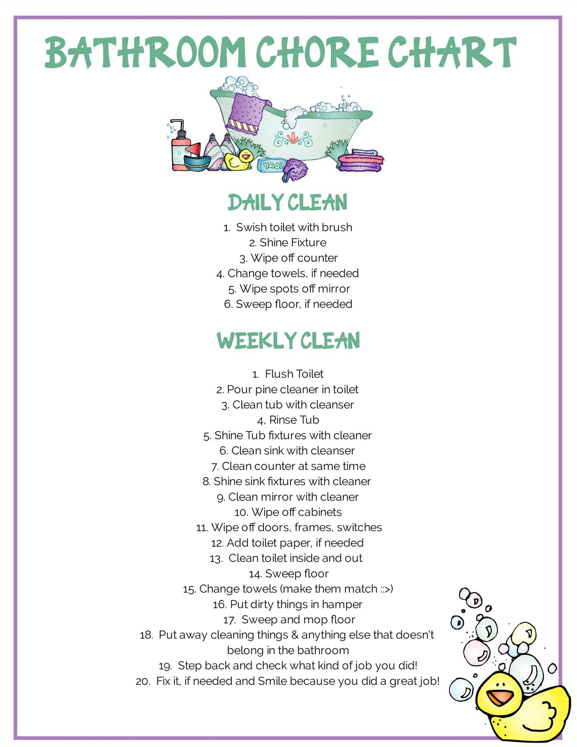 CHORE CHARTS for Families-kitchen-bathroom-list for Kids to ...