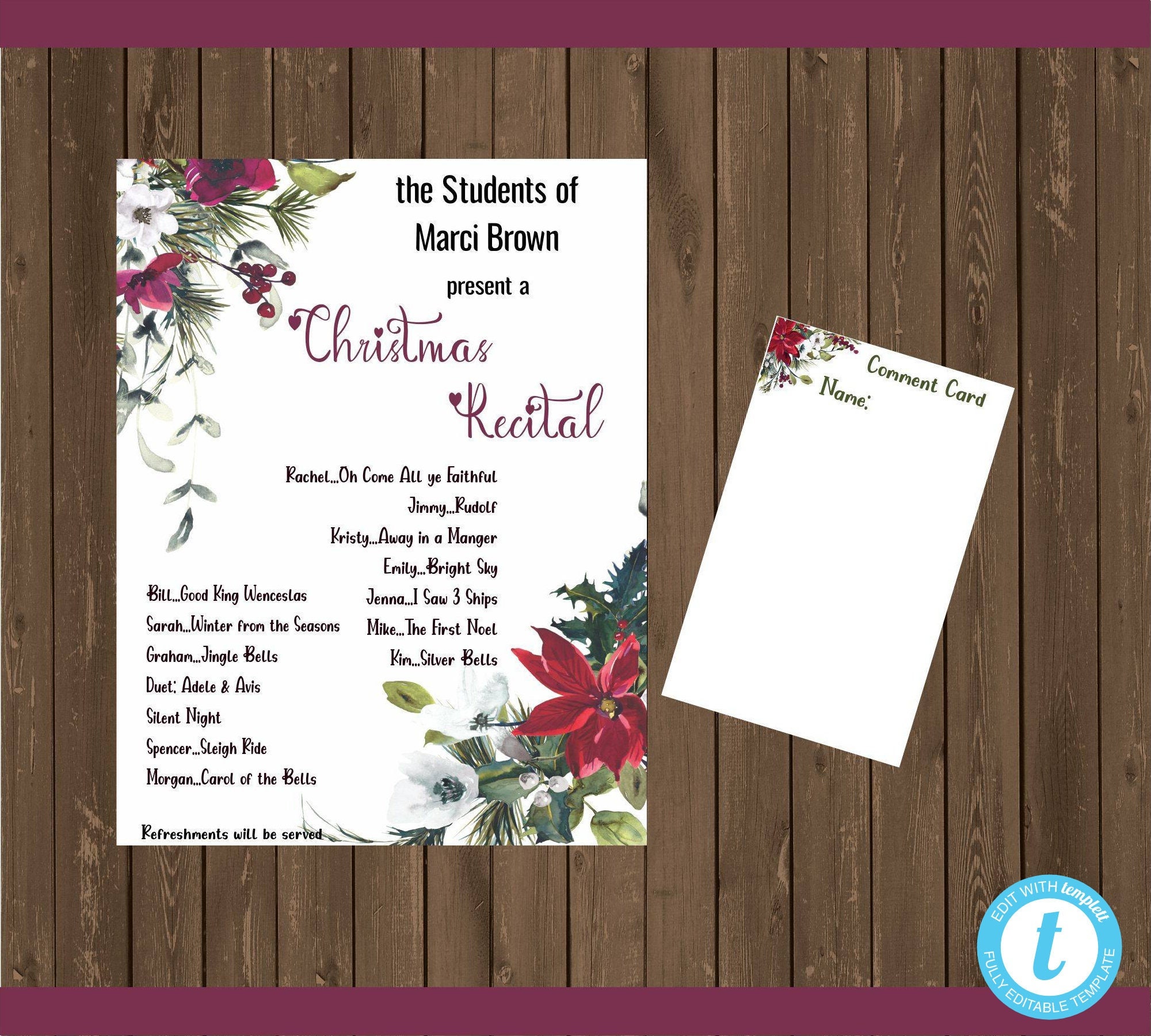 CHRISTMAS RECITAL PROGRAM and Comment Card-pretty Poinsettia Frame ...