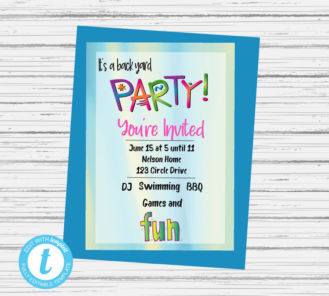 PARTY INVITATION for Back Yard Party-fun and Inviting Editable and ...