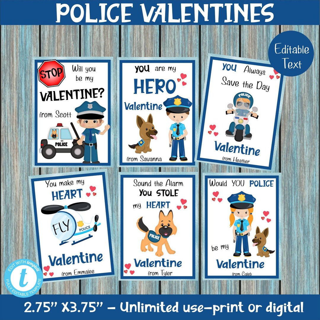 Police Valentine Cards: Kids' Valentine's Day, Editable Template ...