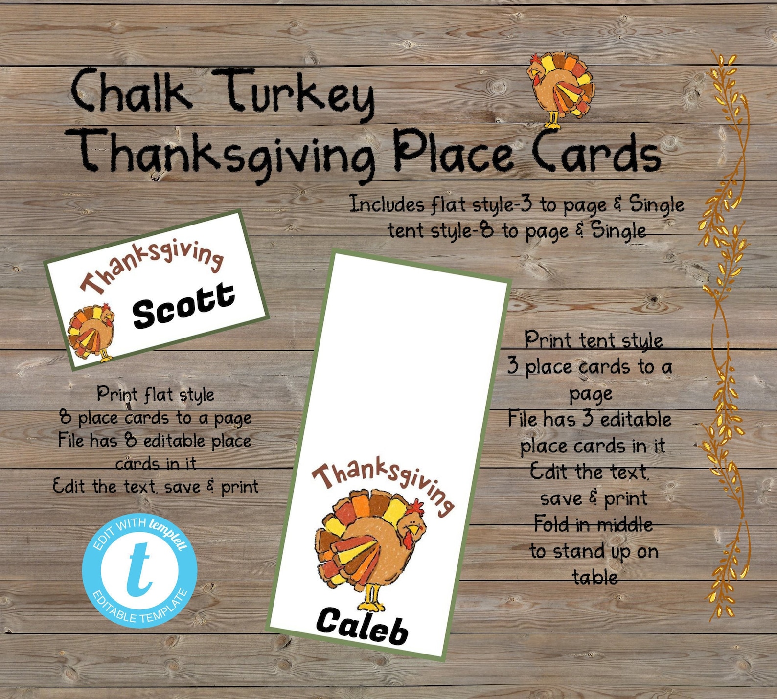 Turkey Thanksgiving Place Card With Chalk Turkey-editable Placecard ...