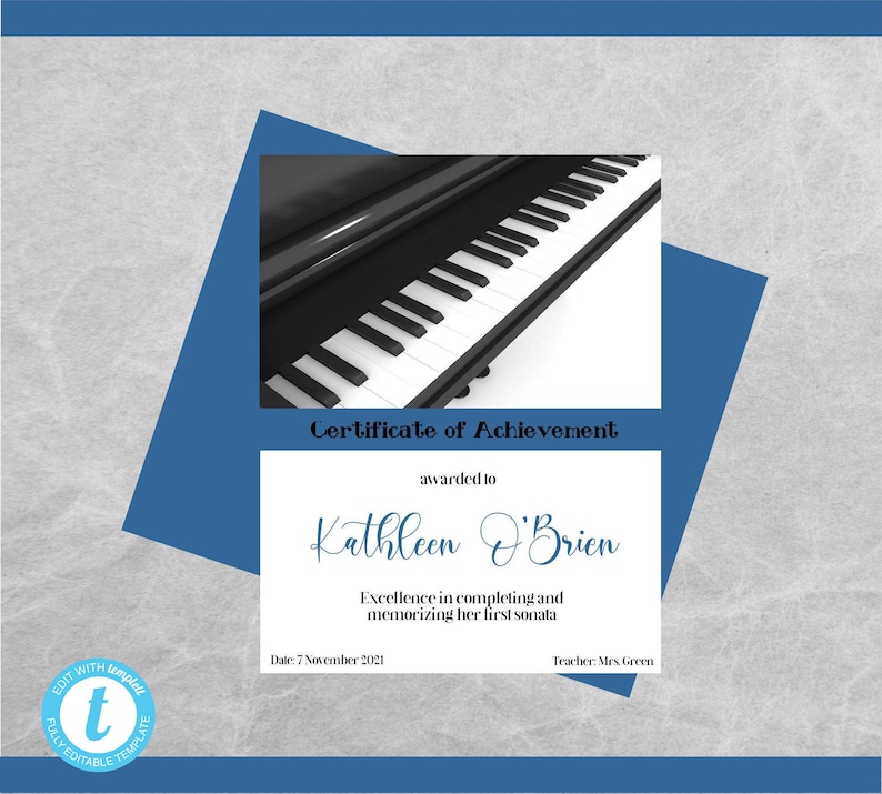 Piano Keyboard Award Certificate-with Blue Highlights-personalize Award ...