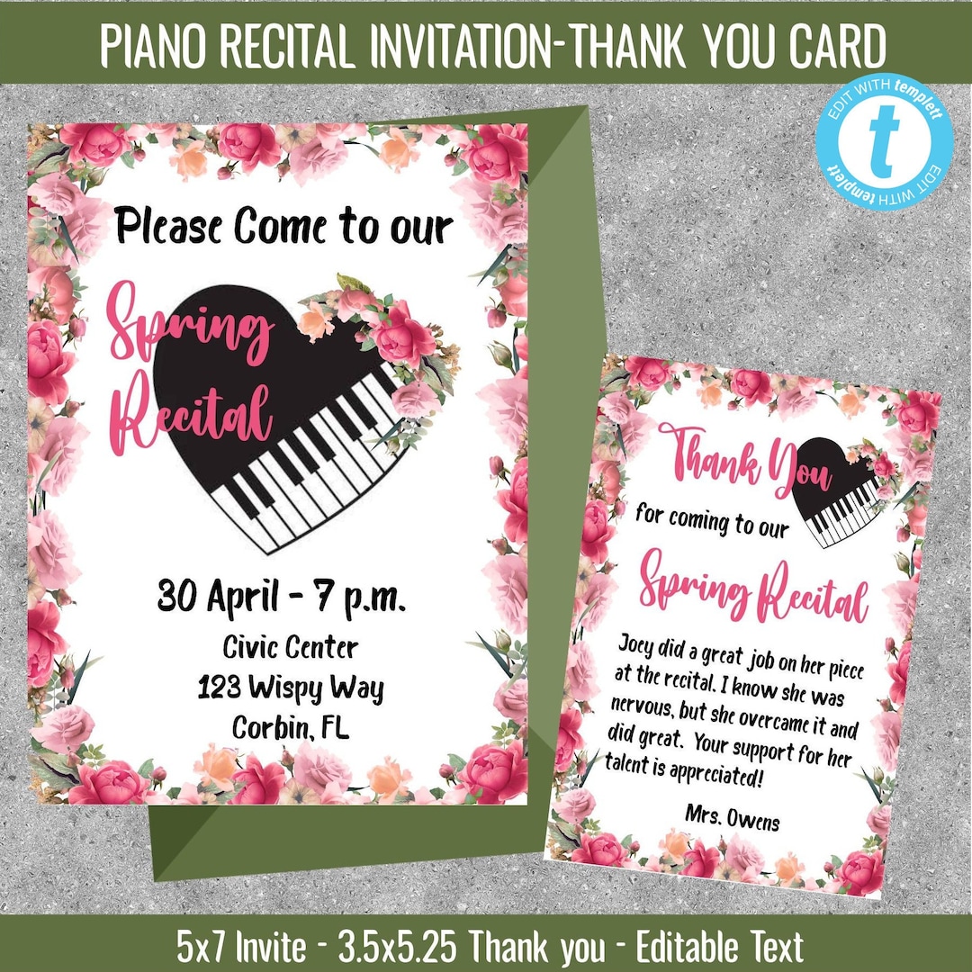 RECITAL INVITATION With a Heart-shaped Piano Keyboard-includes a Thank ...
