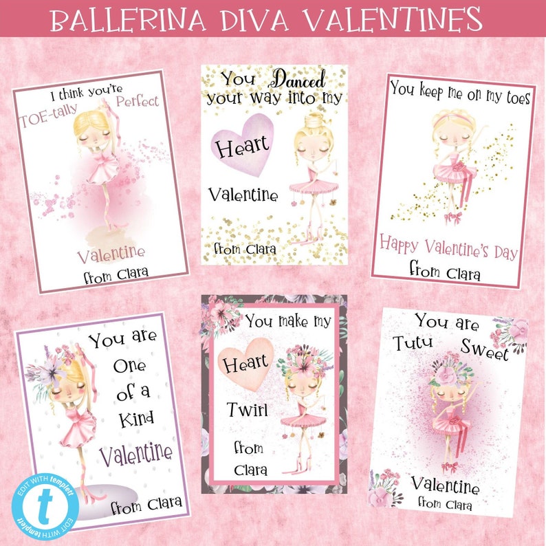 Ballerina Valentine Cards – Printable Ballet Dancer Valentines (digital ...