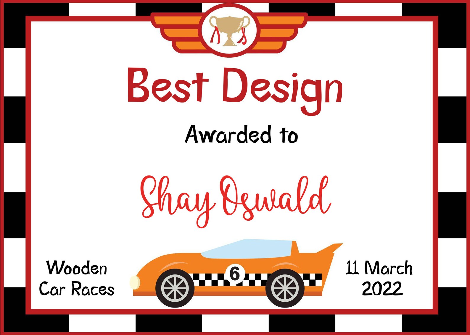 WOODEN CAR RACE Award Certificates-5 Different Designs-use All or One ...