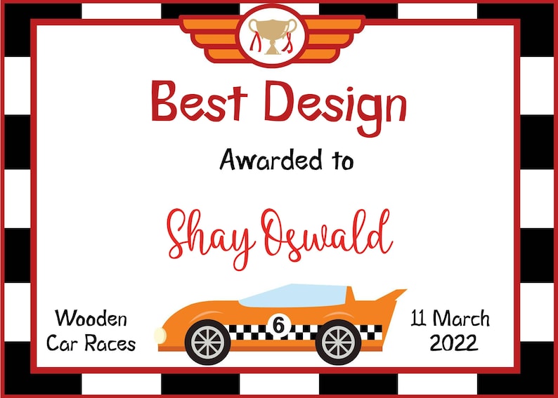 WOODEN CAR RACE Award Certificates-5 Different Designs-use All or One ...