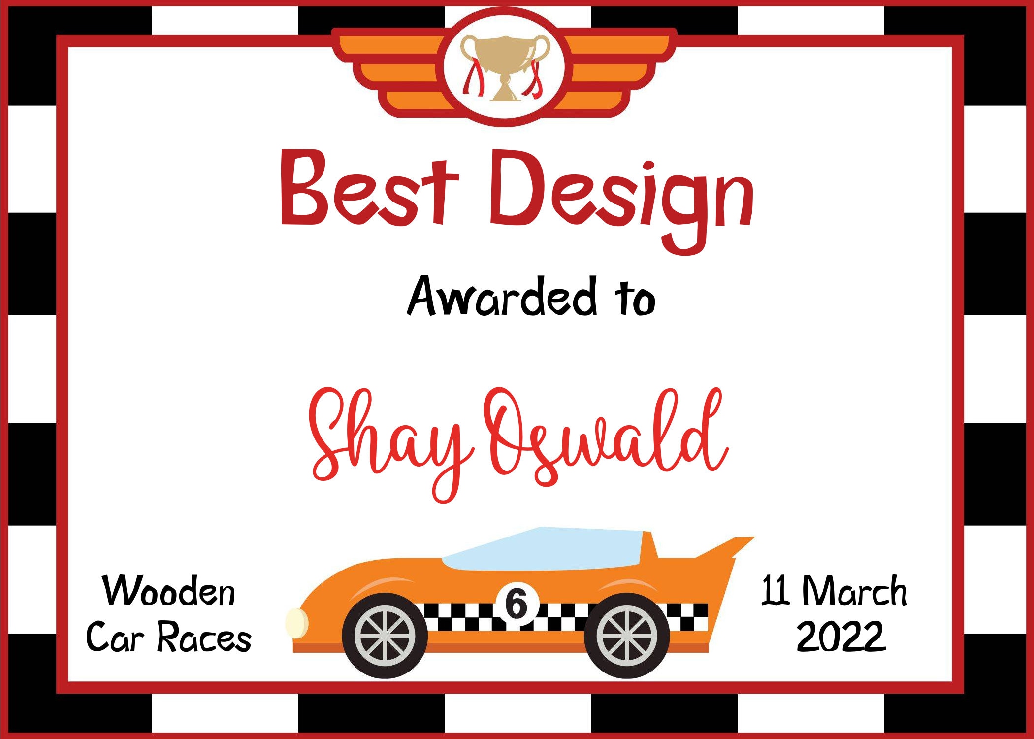 WOODEN CAR RACE Award Certificates-5 Different Designs-use All or One ...