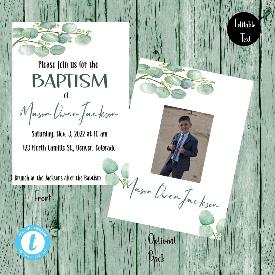 LDS BAPTISM Invitation-green Eucalyptus Branch Simple Design - Etsy