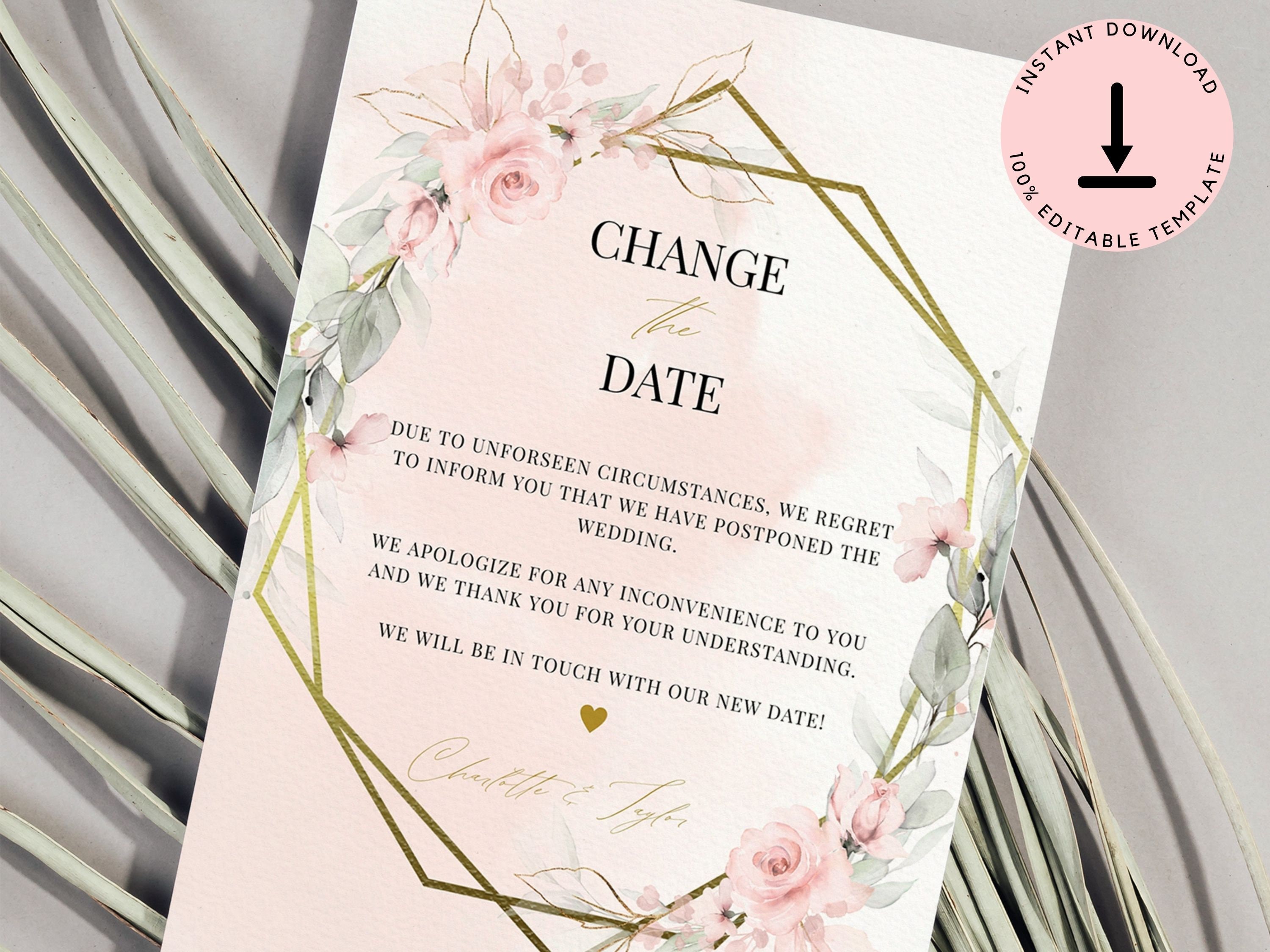 Blush Pink Floral Change the Date Template, Change of Plans, Wedding ...