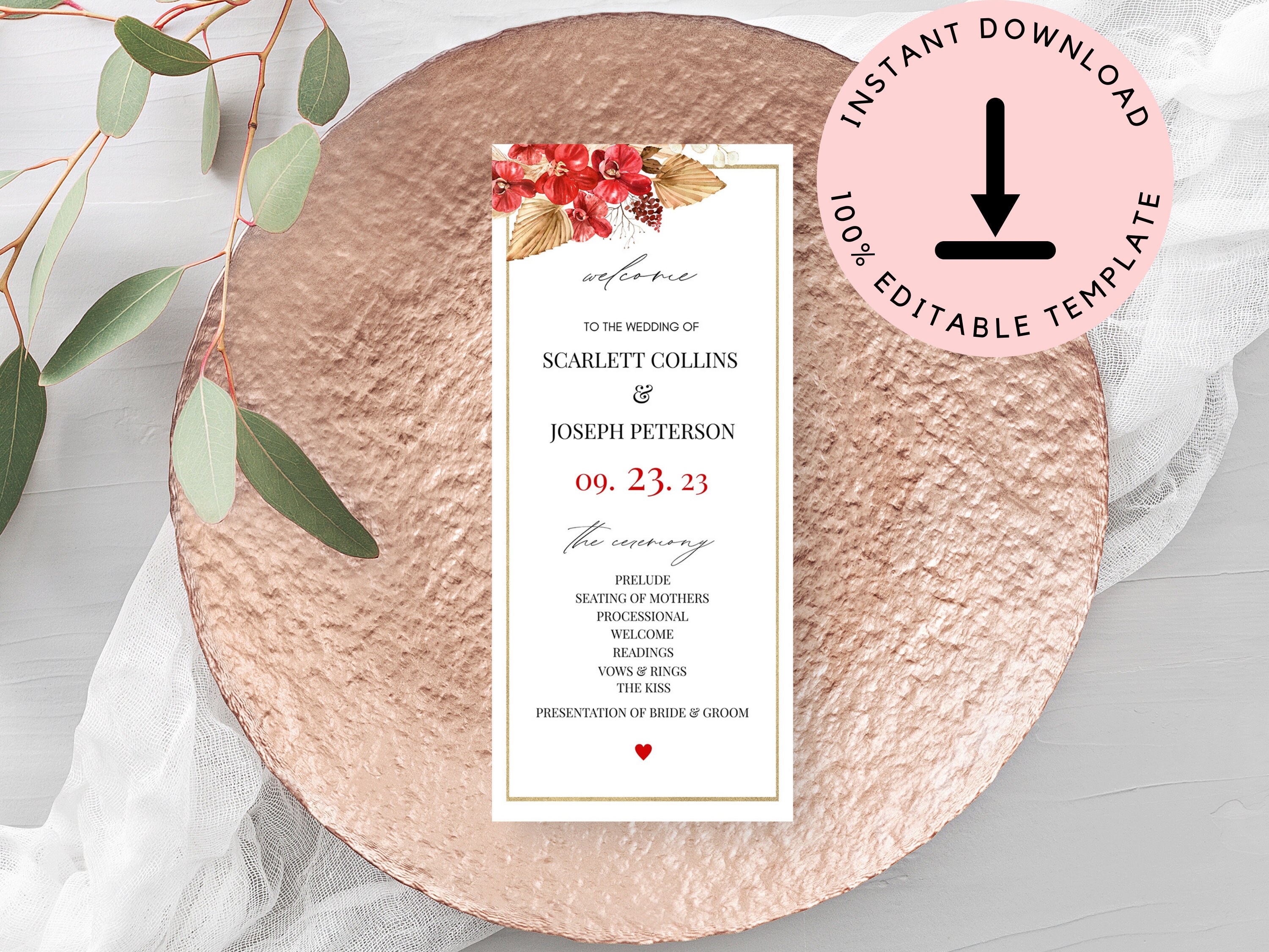 Wedding Program Template, Red Floral Wedding Program/menu, Winter ...